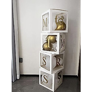 Fonder Mols 4PCS White Transparent Balloon Boxes with Gold Glittered MISS TO MRS Letters for Wedding Party Bridal Shower Engagement Decorations (No Balloons)