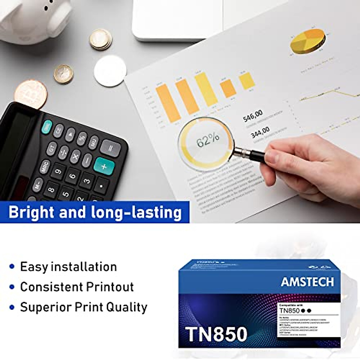 Amstech TN850 TN 850 TN-850 High Yield Toner Cartridge 2 Pack Compatible Replacement for Brother TN850 TN820 HL-L6200DW MFC-L5850DW MFC-L5700DW L5900DW HL-L5200DW MFC-L5900DW MFC-L6800DW Printer Black