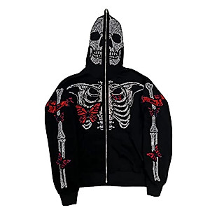 Creaion Bones Skeleton Rhinestone Graphic Y2k Hoodies Full Zip Up Hoodie over Face Rib Cage Jacket Oversized Hip Hop Streetwear Sweatshirt