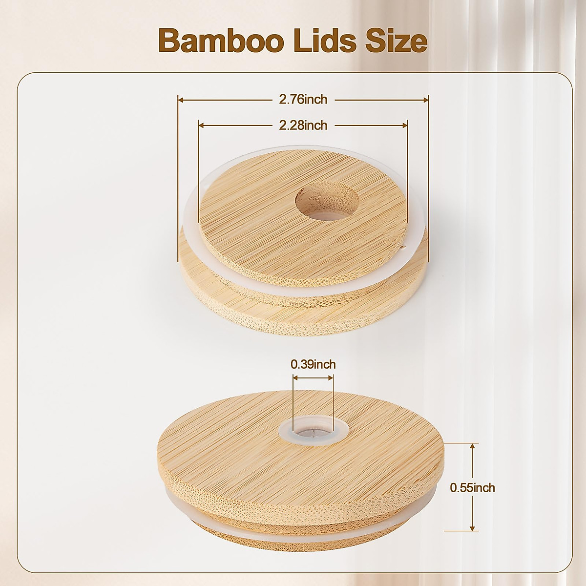 sungwoo 4PCS Bamboo Lids with Straw Hole, Reusable Wooden Lids for Glass Cups, 2.76inch/70mm Canning Lids with Silicone Ring for Regular Mouth Drinking Jars, Replacement Bamboo Lids for Beer Glasses