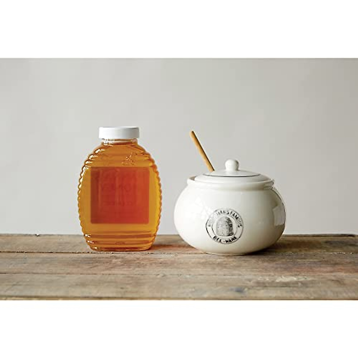 Creative Co-Op White Stoneware Honey Pot with Lid & Wood Honey Dipper (Set of 2 Pieces)