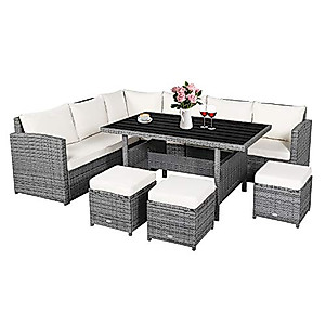 RELAX4LIFE 7 PCS Wicker Patio Furniture Set Outdoor Rattan Sofa Set All Weather with Dining Table & Ottomans Soft Cushions for Backyard Garden Poolside Balcony Sectional Conversation Couch Set (White)