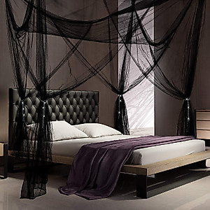 4 Corner Post Mosquito Net Canopy Bed Curtains Large Mosquito Netting Bedroom Princess Decoration Canopy Curtains with 4 Pieces Tassel Hanging Pendants for Full Queen King Size Bed (Black)