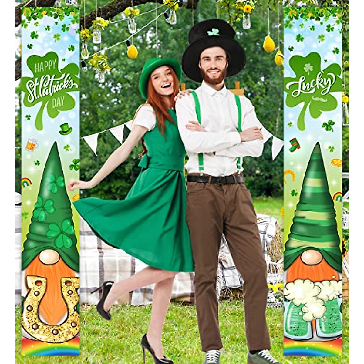 St. Patrick's Day Door Banner-Shamrock Gnomes Porch Signs Irish Happy St. Patrick's Day Party Supplies Green Gnomes Lucky Banner for St. Patrick's Day Outdoor Decorations