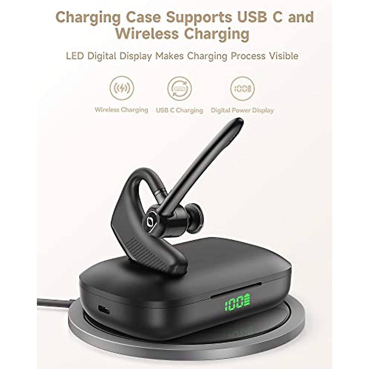 Bluetooth Headset Wireless Earpiece Noise Cancelling Microphone 180H Playback 1000mAh Wireless Charging Case Handsfree Earphones LED Display for iPhone iOS Android Cell Phones PC Computer Trucker Work