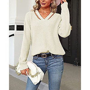 Cicy Bell Women's V Neck Sweaters Hollow Out Long Sleeve Casual Knit Pullover Jumper Tops White