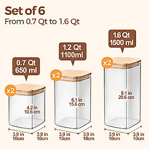 ComSaf Airtight Glass Storage Canister with Bamboo Lid (22oz/37oz/50oz) Set of 6, Clear Food Storage Container Kitchen Pantry Storage Jar for Flour Cereal Sugar Tea Coffee Beans Snacks, Square