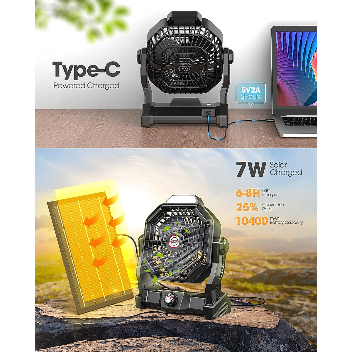 10400mAh Solar Fan, Camping Fan with Solar Panel, 7W 9-Inch Rechargeable Battery Operated Fan for Outside, LED Lantern, Stepless Speed and Quiet Battery Powered Solar Tent Fan for Tent,Outdoor, Office