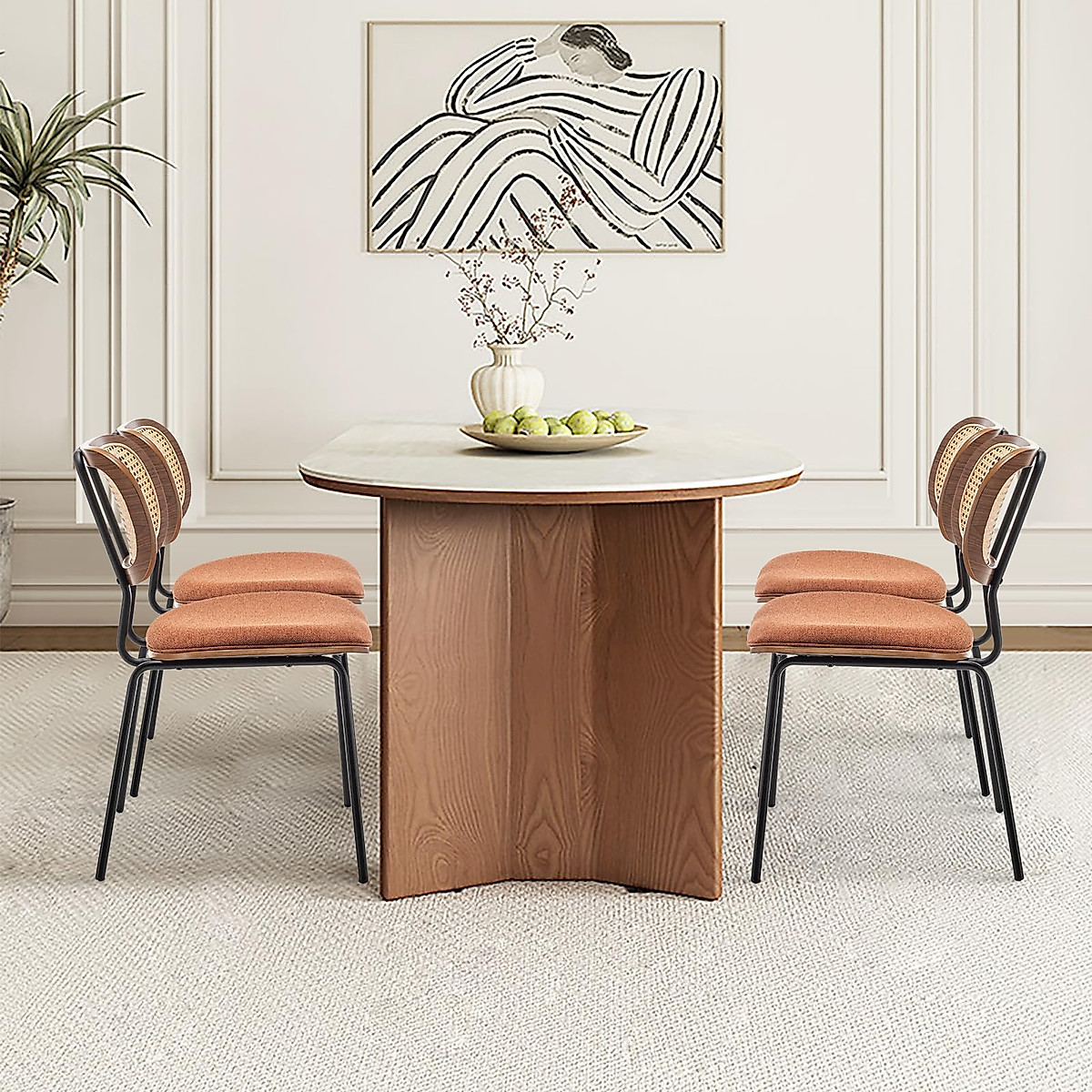 HOCEWI Rattan Dining Chairs Set of 2, Mid Century Modern Dining Chairs, Fabric Cane Dining Room Chairs (Orange, Fabric)