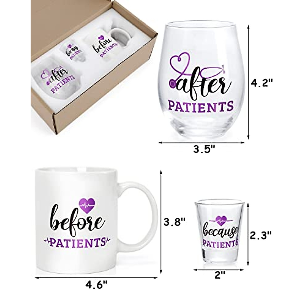 Levfla Before Patients After Patients Set Nursing Gifts 11 oz Coffee Mug 18 oz Stemless Wine Glass 2 oz Shot Glass for Doctor's Day Pediatrician Physician Graduation Birthday Nurse Week Gifts (Purple)