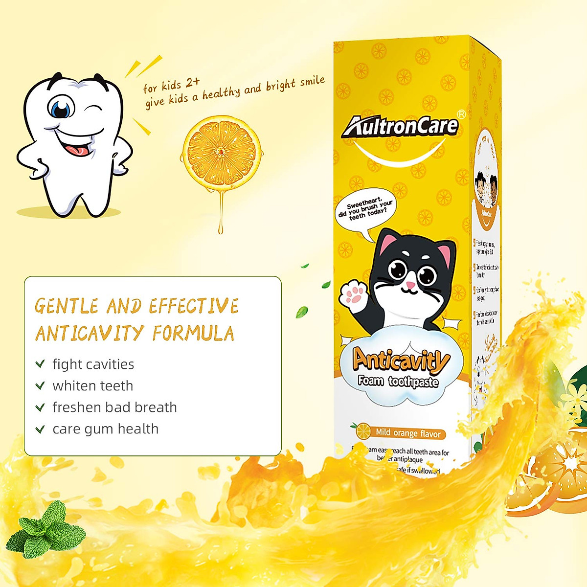 AUITRONCARE 2Pack Kids Toothbrush Electric and Foam Toothpaste Kids,Toddler Electric Toothbrush Ultrasonic Toothbrush with 3 Brushing Heads and Cup