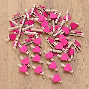 NUOBESTY 50pcs Mini Wooden Clips Clothespins Crafts Clips with Hearts for Wedding Party Valentines Day Decoration Rosy