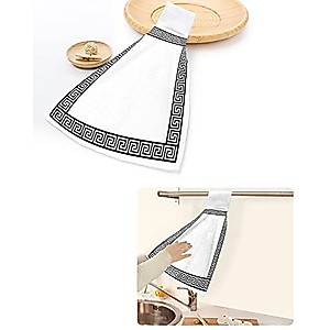 Ldtrchee Black Geometric Hand Towel with Hanging Loop, Modern Key Greek Design Abstract Art Hanging Tie Towels Set 2 Pcs, Kitchen Absorbent Towel for Bathroom Tea Bar Laundry