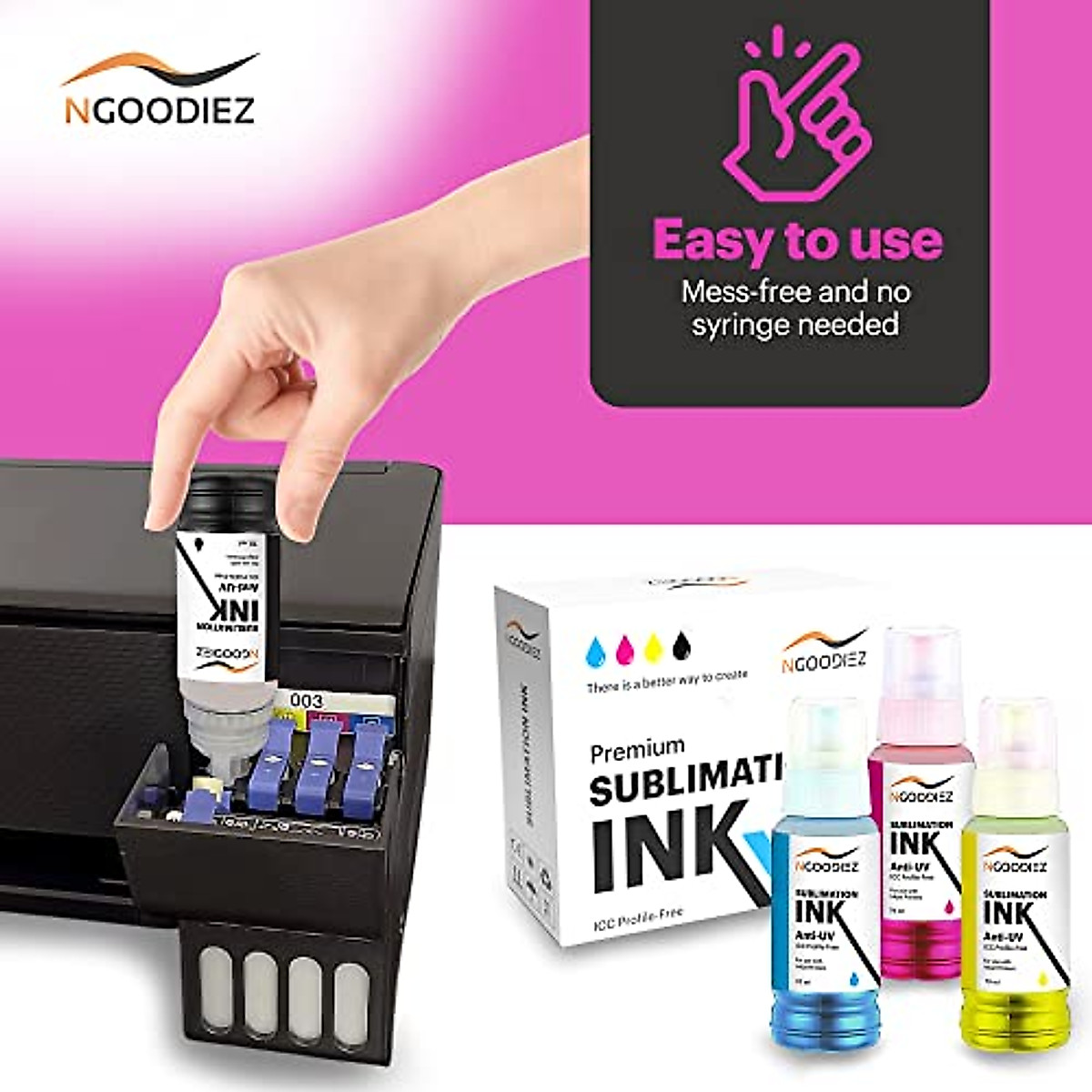 NGOODIEZ Sublimation Ink for Epson All Ecotank, Supertank Inkjet Printers Autofill, ICC-Free, Anti-UV and Fade Resistance - Conversion Kit/Refill ET2720 2803 4800 7720-4x70 ml (1 B, 1 C, 1 M, 1 Y)