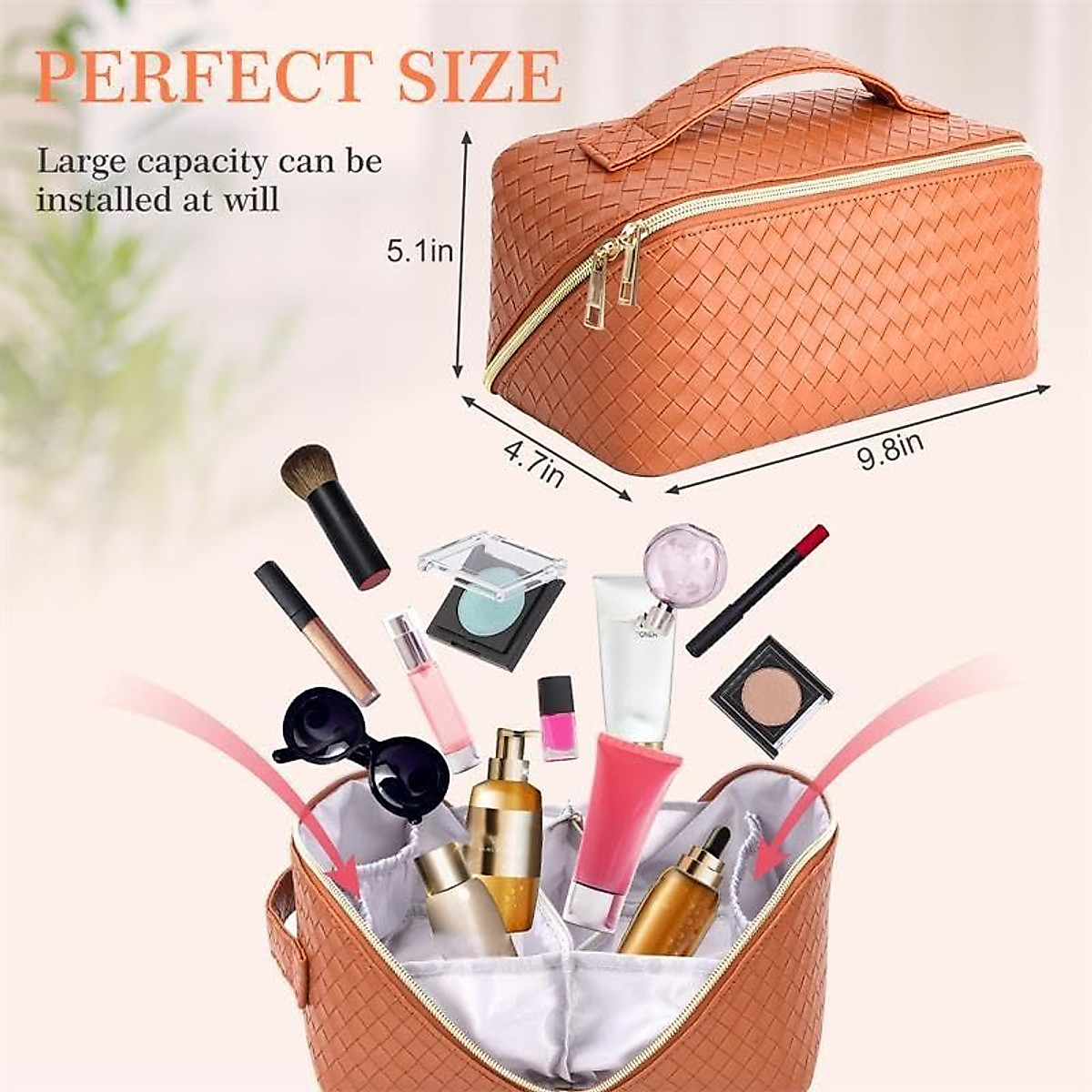 ZAUKNYA Large Capacity Travel Cosmetic Bag - Makeup Bag, Portable Leather Waterproof Women Organizer, with Handle and Divider Flat Lay Bags (Brown)
