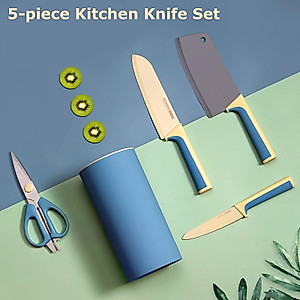 Kitchen Knife Set, 5 Pcs Blue Cooking Knife Set with Block, Professional Knives Set for Kitchen, Super Sharp Stainless Steel Chef Knife Set Contains Round Stand, Knives, Scissors (Blue)