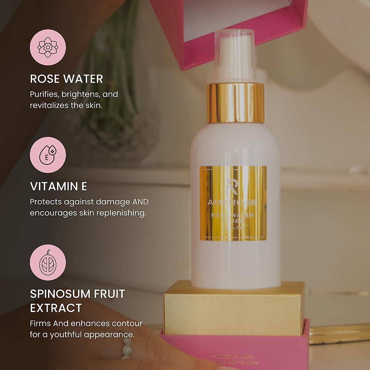 Amarose Rose Water Spray for Face - Revitalizing, Facial Toner - Rose Water for Face - Rose Water Toner - All Skin Types - Hydrating Toner - Rosewater, Face Spray, Face Mist with Hyaluronic Acid