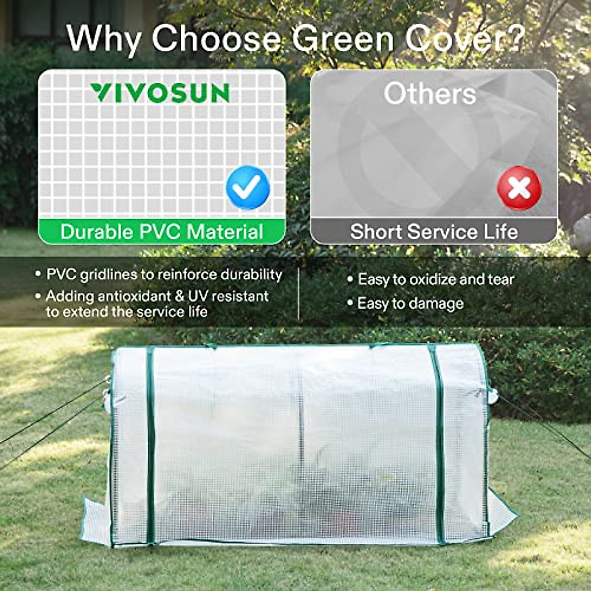 VIVOSUN Portable Mini Greenhouse 47x23x23-Inch Tunnels, PE Cover with Roll-up Zipper Door, for Indoor Outdoor or Garden Plant Growing, White