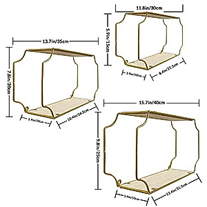 Dianhengmi Rectangular Floating Shelves Wall Decor, Gold Metal Wire and Wood Wall Mounted Large Space Storage Shelf Home Decorations Art for Bedroom Living Room Kitchen Bathroom, Set of 3