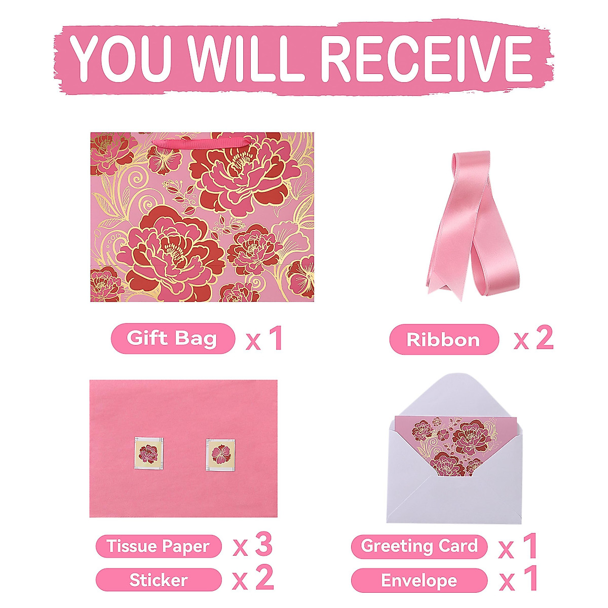 16.5" Extra Large Rose Pink Gift Bag Set with Greeting Card and Tissue Paper(Foil Traced Flowers) for Celebrating Birthdays, Mother's Day, Weddings, Anniversary, Valentine's Day - 16.5”x5.5”x12.6”, 1 Pcs.
