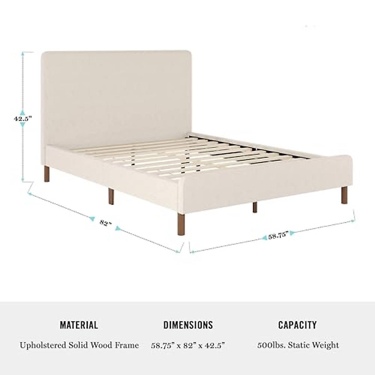 Martha Stewart Britta Platform Bed with Headboard & Footboard, Faux Linen Upholstery with Piping Detail, Rounded Headboard, No Box Spring Needed, Full, Beige