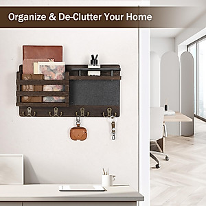 Lucundm Key Holder for Wall, Mail Holder Organizer Wall Mount with Chalkboard and Shelf, Key Hanger Rack with 4 Dual Hooks for Coat Dog Leash, Farmhouse Entryway Decor (Brown)