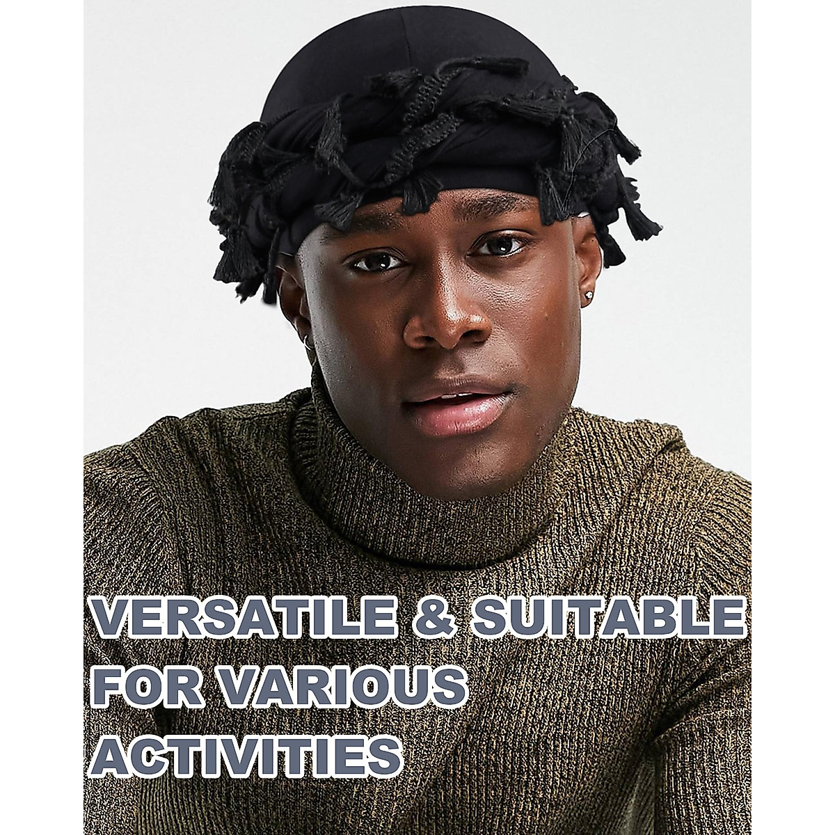 Babalet Halo Turban for Men Women Satin Lined Durag Head Wraps Scarf Skull Cap Pre-Tied Twist Sleeping Bonnet, Black