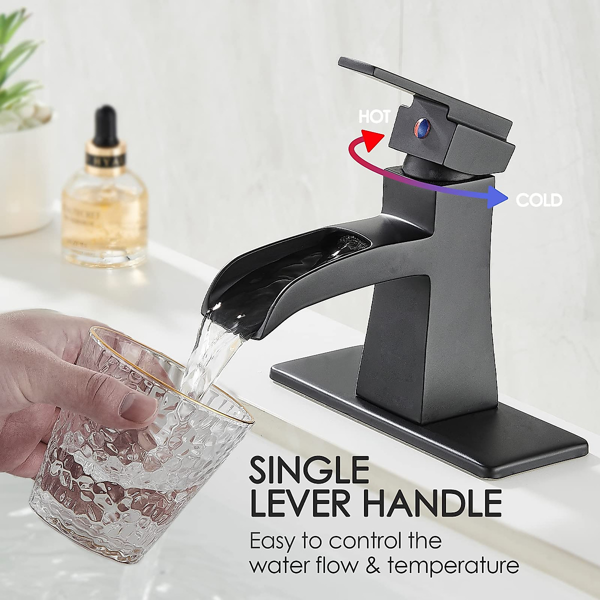 Sanliv Black Waterfall Bathroom Faucet, One-Handle Bathroom Faucets for Sink 1 or 3 Hole, Matte Black Vanity Faucet, Single Hole Restroom Sink Faucet with Pop Up Drain