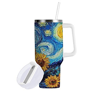 RPLIFE Starry Night Sunflowers Blue Stainless Steel Coffee Cup, Insulated Tumblers, Tumblers for Women