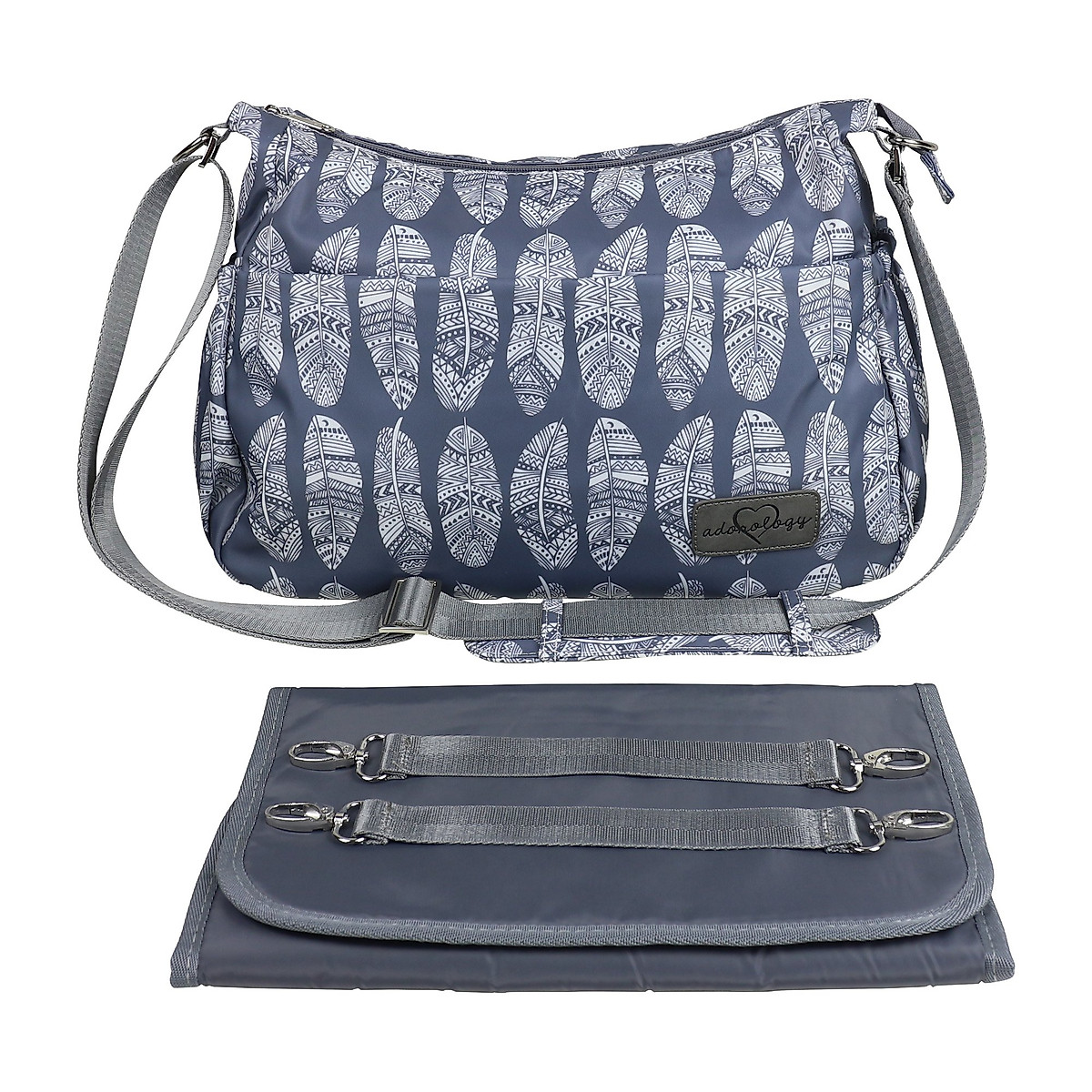 Diaper Bag Purse & matching Changing Pad in Premium Gray Nylon w/ 11 Pockets Insulated for Baby Bottles Silver Tone Hardware Perfect Spacious Crossbody Hobo Bags for Moms Grey Feathers Stroller Straps