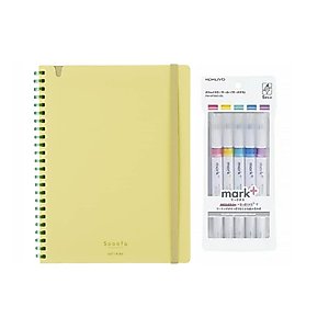 Kokuyo. Soft Ring Notebook Sooofa A5 4mm Grid 80 Sheets Yellow and Mark⁺ Two Way Color Marker 5-Pack(Pink,Blue,Green,Purple, and Yellow) Set