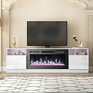 EROMMY 70'' Fireplace TV Stand with 36'' Electric Fireplace, Entertainment Center with 16 Color Led Lights and 12 Flame Fireplace Insert Heater, White TV Console for TVs up to 80'' for Living Room