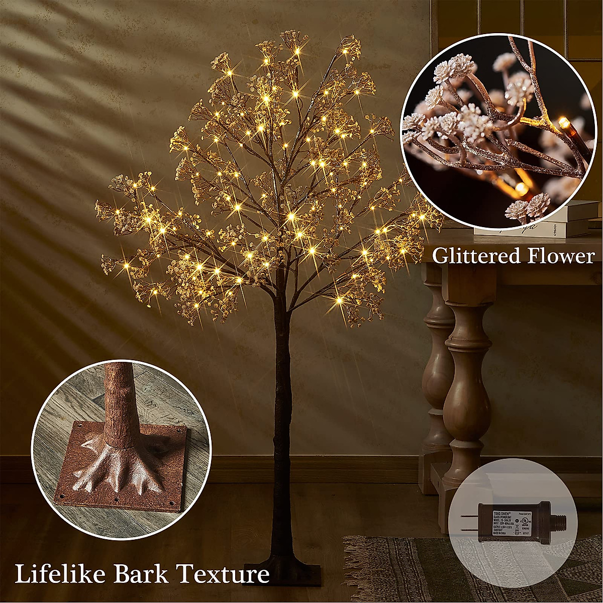 Hairui Lighted Gypsophila Tree 4FT 90 LED Artificial Baby Breath Flowers with Lights for Wedding Party Winter Christmas Holiday Decoration