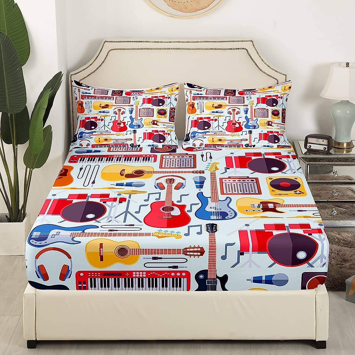 Manfei Musical Kids Fitted Sheet Twin Size, MusicalGuitar Radio Drum Kit Headset Print Bedding Set 2pcs for Boys Girls, Rock Music Bed Cover with 1 Pillowcase, Soft Polyester Bedding, No Top Sheet