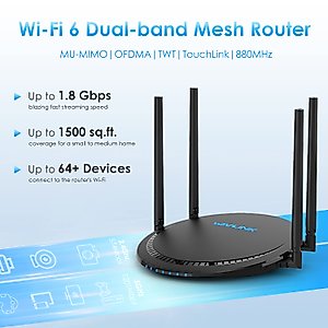 WAVLINK AX1800 WiFi 6 Smart Router, Dual Band Gigabit Wireless Internet Mesh Router for Home, Coverage up to 1,500 sq. ft., 64+ Devices, MU-MIMO OFDMA TWT, Turbo, TouchLink, Parental Control, QoS