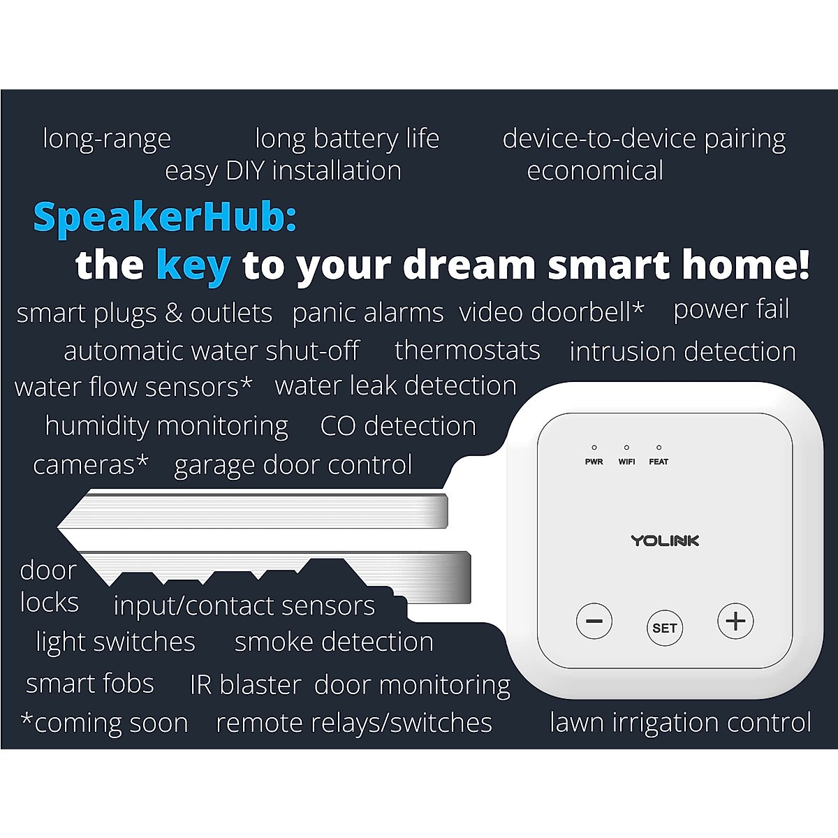 YoLink SpeakerHub & One Motion Sensor Smart Home and Security Kit – Audio Hub Plays Tones/Sounds, Spoken Messages, LoRa-Powered ¼ Mile Range, WiFi Required