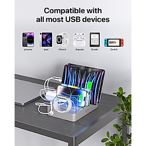 SooPii Premium 6-Port USB Charging Station Organizer for Multiple Devices, 6 Short Charging Cables and One Upgraded i-Watch Charger Holder Included, for Phones,Tablets and Other Electronics, Silver