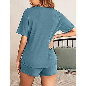 Ekouaer Womens Pajamas Set Shorts Waffle Knit Pjs Soft Loungewear Cozy Sleepwear Cotton Lounge Wear 2 Piece Matching Set Peacock Blue XXL