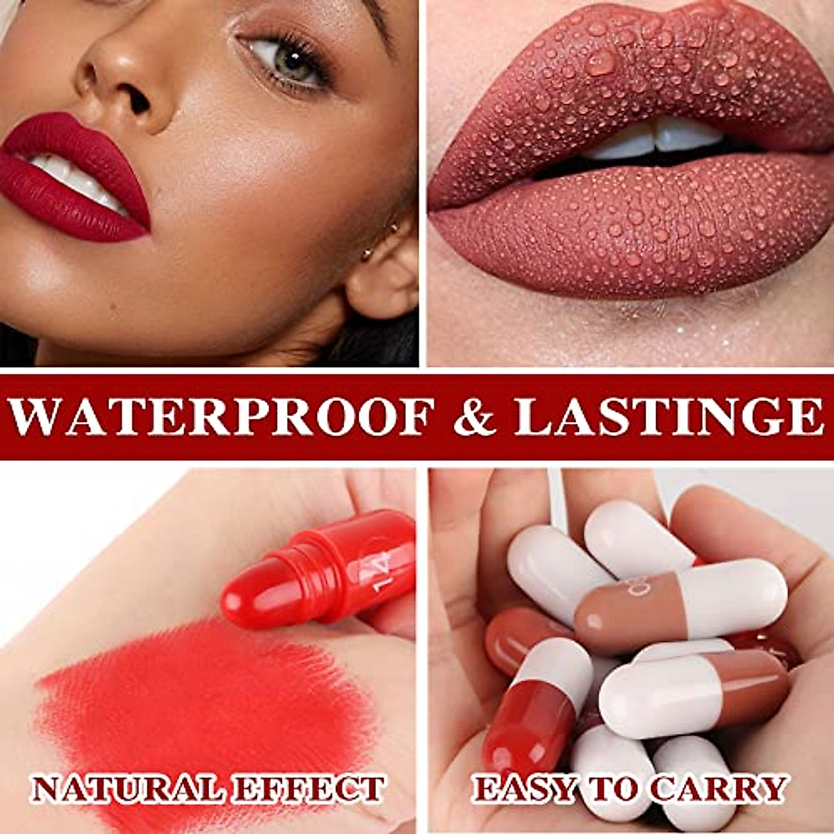 Fusang 18Pcs Mini Capsule Pills Lipstick Matte Lipstick Makeup Sets for Women Highly Pigmented Long Lasting Waterproof Mini Red Matte Pill Lipstick Cute Lip Stick Stain Set for Women