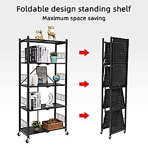 MOLYHOM Folding Storage Shelves, 5-Tier Metal Collapsible Shelves with Wheels, Shelving Units and Storage Rack, Rolling Shelf No Assembly…