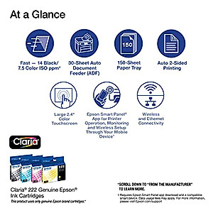 Epson Workforce WF-2960 Wireless All-in-One Printer with Scan, Copy, Fax, Auto Document Feeder, Automatic 2-Sided Printing, 2.4" Touchscreen Display, 150-Sheet Paper Tray and Ethernet