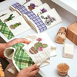 Lavien Home, Kitchen Dish Towels with Cactus Embroidered, Decorative Succulent Flowers Cute Tea Towels Turkish Cotton Waffle Weave 16 x 24 inches (Set of 4)