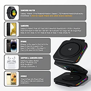 AMRHINO 3 in 1 Foldable Samsung Wireless Charger for Galaxy Watch 5/5Pro/4/3/Active2/Gear4, 15W Charging Station for S22/S21/Note20, Travel Charging Pad for Galaxy Buds/+/Pro/Pro2/Live/2 with Adapter