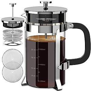 QUQIYSO French Press Coffee Maker 34oz 304 Stainless Steel French Press with 4 Filter, Heat Resistant Durable, Easy to Clean, Borosilicate Glass Coffee Press, 100% BPA Free Glass Teapot, Silver