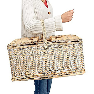 Wicker Picnic Basket Set for 4 with Insulated Cooler Bag, Silverware, Glasses, Napkins, Double Lid, Straw/White Finish