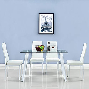 Bonnlo 5 Pieces Dining Table Set,Modern White Dining Room Table Set for 4,Small Kitchen Table and Chairs Set for 4,Glass Dinner Table Set with PU Leather Metal Frame Chairs,Clear&White