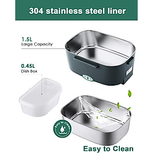 Andmenow 80W Faster Electric Lunch Box, Home Office Truck Car Food Warmer, Portable Food Heater with 304 Stainless Steel Container, Spoon & Fork and Carry Bag (GreyGreen)