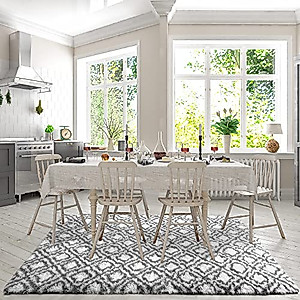 Iplusmall Area Rugs for Living Room Bedroom, 5x8 Feet Modern Shag Rug, Fluffy Large Nursery Rug, Plush Accent Rugs for Girls Kids Room,Baby Nursery Decor,Geometric Rug,Trellis Rug,Floor Rug White