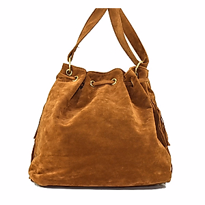 Heidi Bag Women's Fringed Bucket Purse Tassel Faux Suede Shoulder Bag Ring Top-Handle Crossbody Bag (brown)