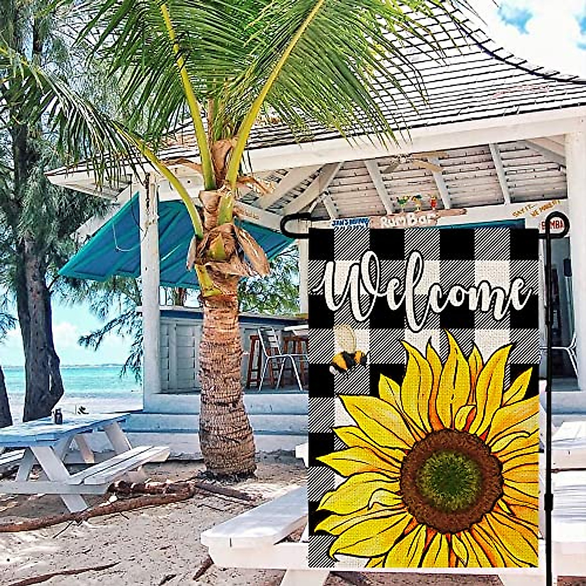 CROWNED BEAUTY Summer Bee Garden Flag Sunflower Buffalo Plaid Yard 12x18 Inch Small Double Sided Outside Farmhouse Party Décor